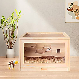 Kaiyopop Hamster Cage Large Wooden Hamster Cages and Habitats, Natural Wooden Hamster House (23.6" L X 15.7" W X 15.7”H) Acrylic Hamster Cage Small Animal Habitat for Rabbits, Guinea Pig, Chinchilla