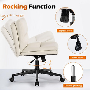 YASHFU Armless Leather Wide Office Desk Chair with Wheels: Cute Criss Cross Chair with Wheels, Leather Comfy Adjustable Swivel Computer Task Chairs for Home, Office,Make Up,Bed Room (Beige)
