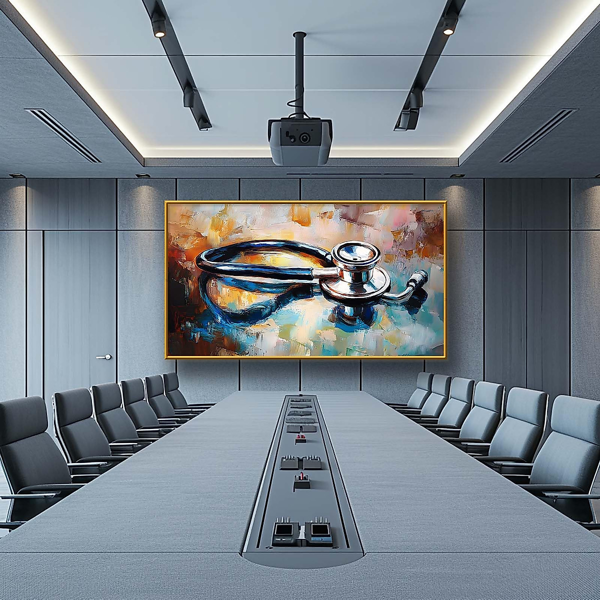 Stethoscope Canvas Wall Art,Medical Wall Art,Orange And Blue Wall Art,Framed Wall Art,Modern Bedroom Decor,Medical Office Wall Art (Gold Metal Framed, 48"Wx27"H/122x68cm)