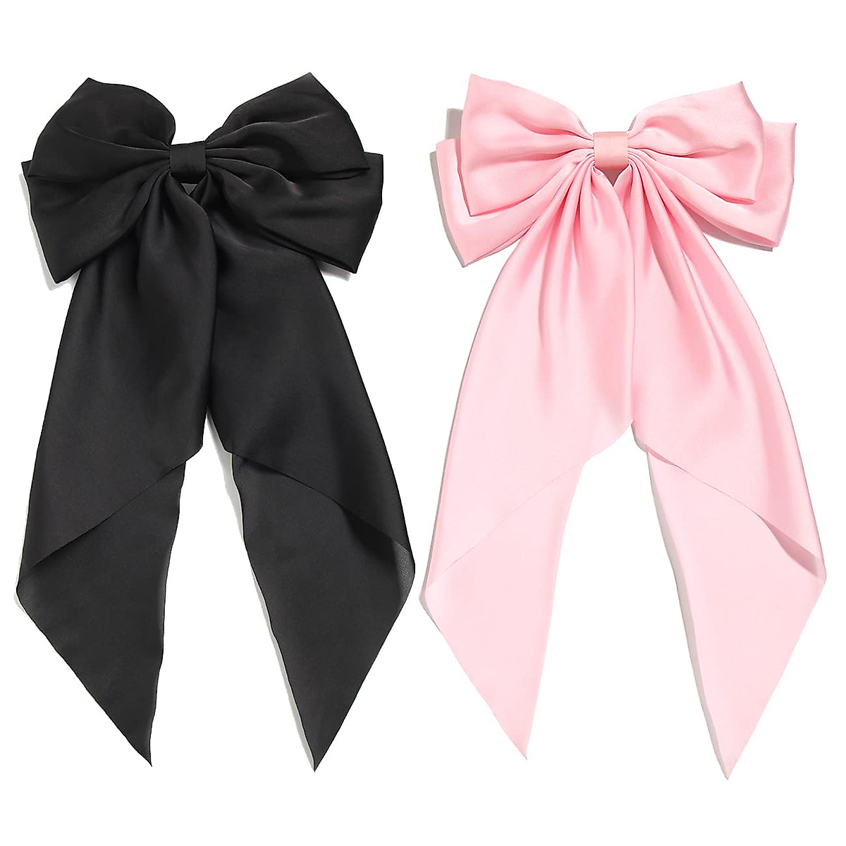 Furling Pompoms Hair Bows for Women,Large Satin Silky Hair Bow Clips Ribbon Long Tail French Barrette Hair Clamps Girls Hair Accessories Party Wedding Christmas Thanksgiving (Black Pink)