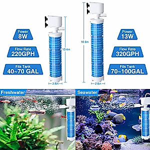 fishkeeper Submersible Aquarium Filter for 40-100 Gal, 3-in-1 Biochemical Sponge Filter for Aquarium Filtration/Oxygenation/Circulation, Up to 320 GPH Adjustable Internal Fish Tank Filter (8W/13W)