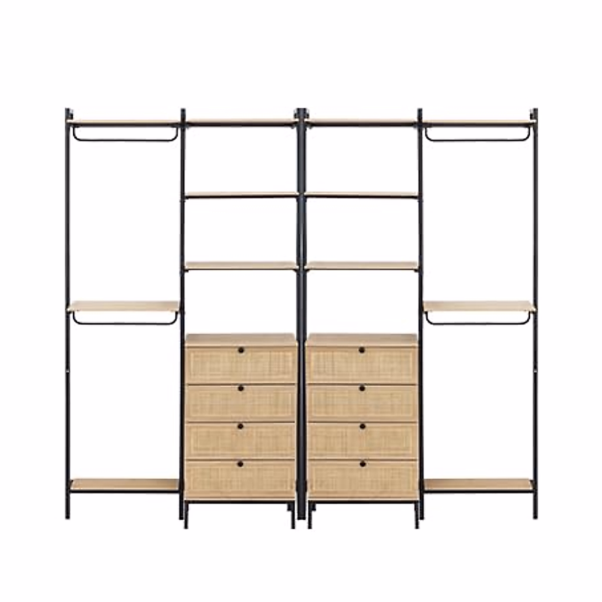 98.04 Inches Closet System, Large Wall Mount Wardrobe Cabinet Clothes Storage and Organizer Heavy-Duty Garment Rack Walk-in Clothes Rack with 8 Natural Rattan Drawers for Bedroom and Walk in Closets