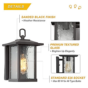 LALUZ Rectangle Outdoor Light Fixtures Wall Mount, Weather-Proof Porch Lights Outdoor with Water Ripple Glass, Anti-Rust Outdoor Wall Lantern for Patio, Yards, Garden, Front Door, Matte Black Finish