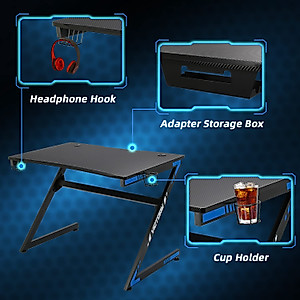 Cirstore Gaming Desk 39 Inch Computer Desk Gaming Table Z Shaped Pc Gaming Workstation Home Office Desk with Headphone, Gaming Controller Rrack,Black and Blue