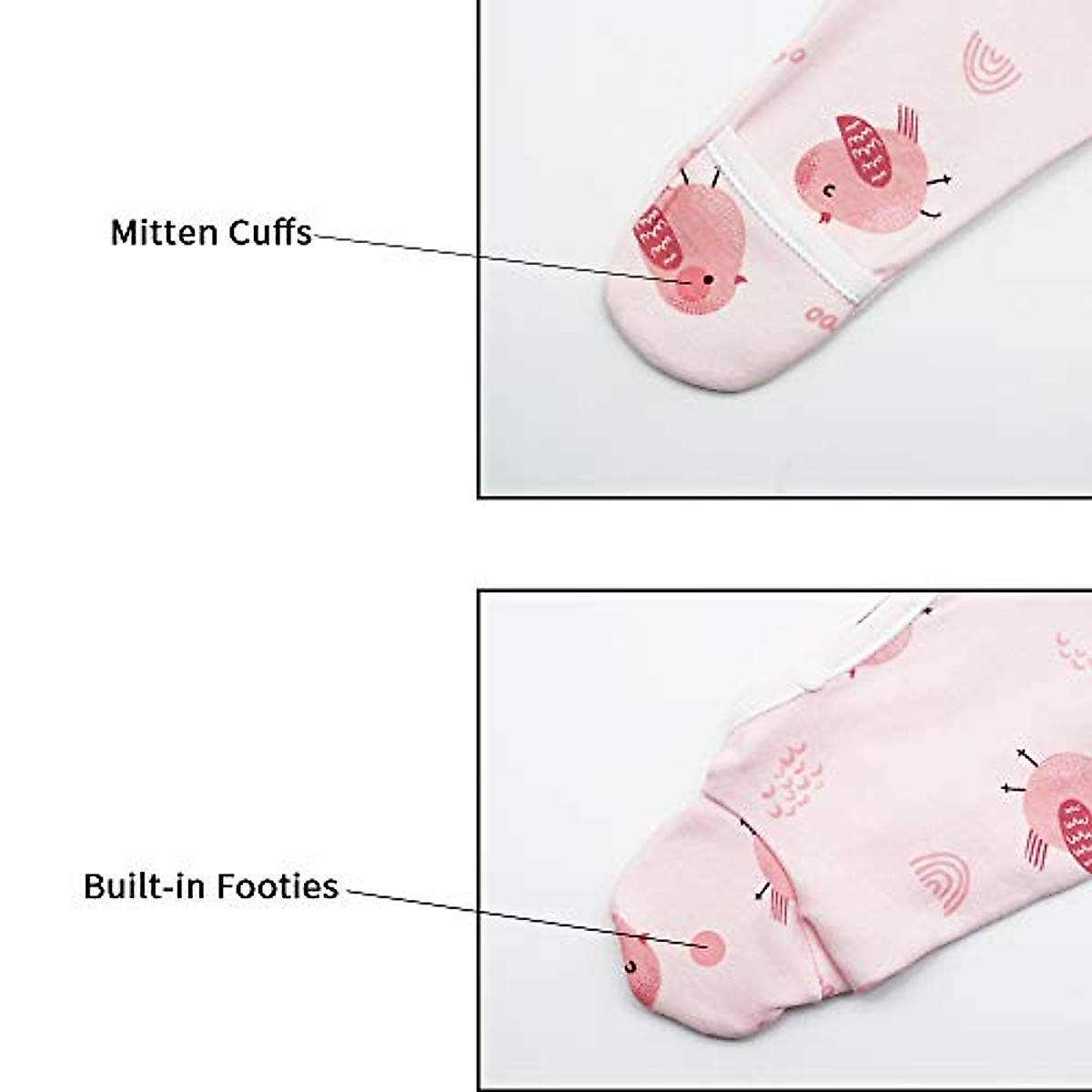 COBROO 2-Pack Baby Girl Footies Pajamas with Mittens 100% Cotton Lucky Birds Baby Girl Pajamas Set 0-3 Months