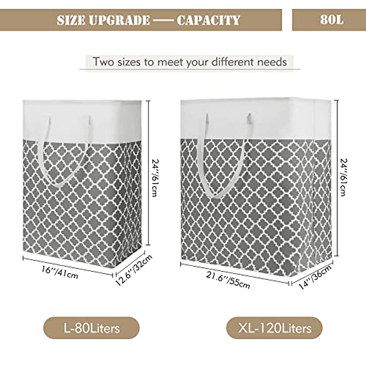 TOTANKI 2-Pack Laundry Basket, 80L Large Laundry Hamper with Long Reinforced Handles, Freestanding Waterproof Storage Basket, Collapsible Clothes Hamper for Bedroom, Bathroom, Dorm (Grey)