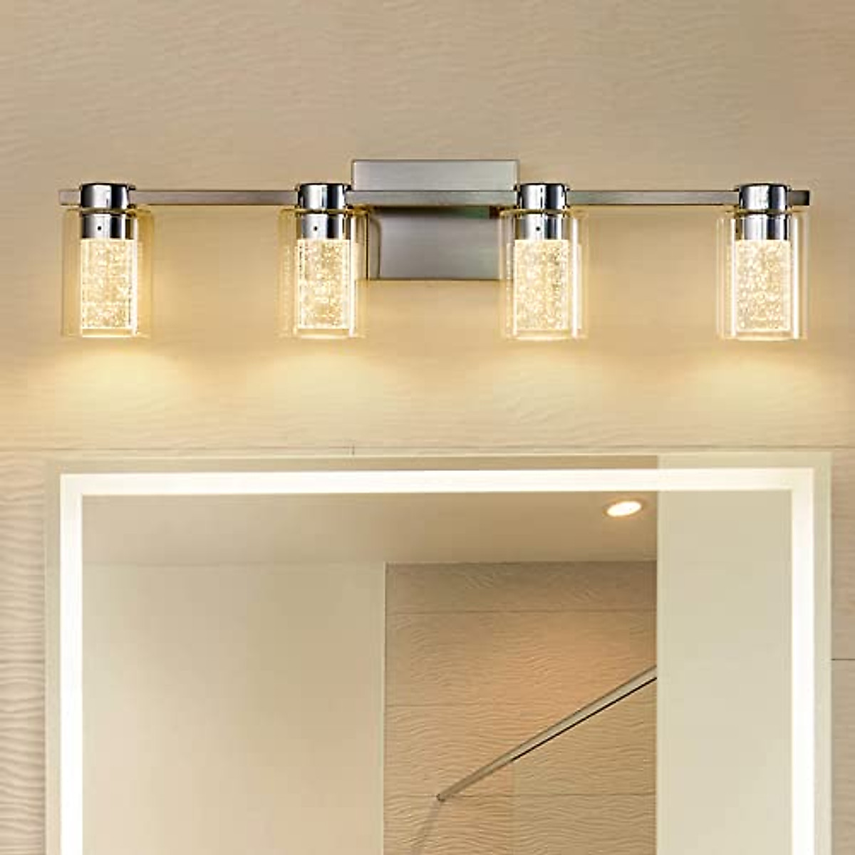 Eatich Bathroom Light Fixtures, Brushed Nickel Vanity Lights with Crystal Bubble Glass, Modern Bathroom Lights Over Mirror with Dimmable LED White/Neutral/Warm, 4-Light