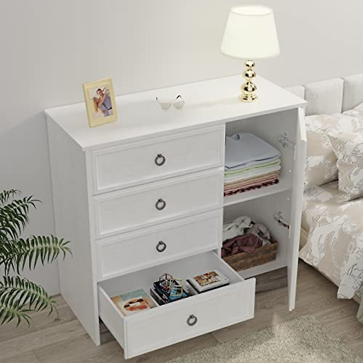 LGHM Modern 4 Drawer Dresser Set of 2, Dressers for Bedroom Adjustable Shelves, Tall Chest of Drawers Closet Organizers and Storage for Clothes - Easy Pulls, Textured Borders White