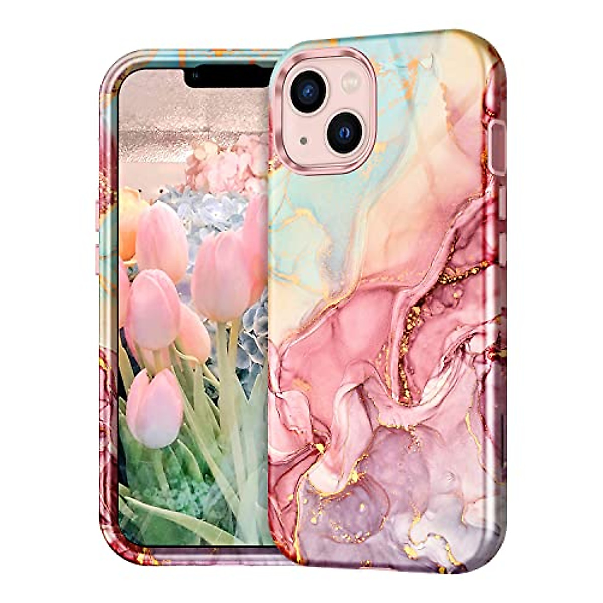 CASEFIV Compatible with iPhone 13 Case, Marble Pattern 3 in 1 Heavy Duty Shockproof Full Body Rugged Hard PC+Soft Silicone Drop Protective Girls Women Cover for iPhone 13 6.1 inch 2021, Rose Gold