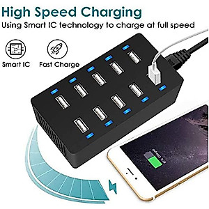 USB Charging Station, 60W 10 Port USB Charging Station, USB Charger Multi Port with Smart Detect, Compatible with iPhone, Galaxy, iPad Tablet, and Othercharging Station for Multiple Devices