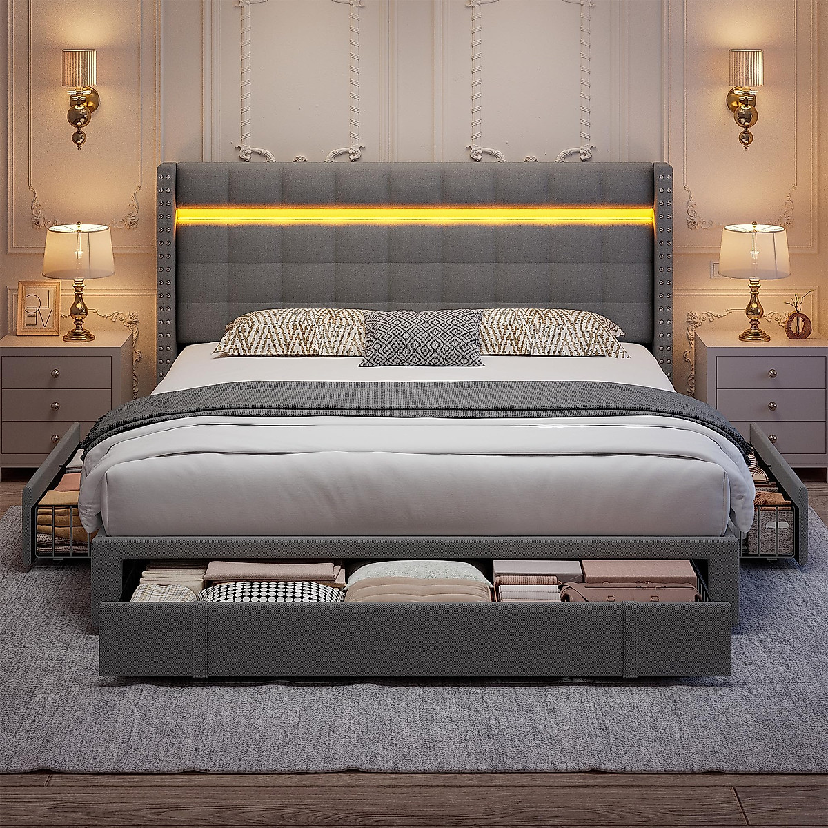 EnHomee Full Bed Frame with Storage,LED Bed Frame with Adjustable Headboard, Upholstered Platform Bed Frame Queen Size with 3 Drawers,Heavy Duty Wood Slats,Easy Assembly,No Box Spring Needed,Grey