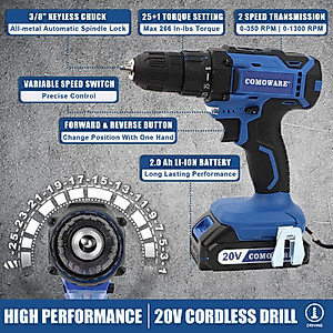 COMOWARE 120 Pcs Home Tool Kit with Drill, 20V Power Tool Combo Kits with 2.0 Ah Li-ion Battery & Charger, 25+1 Clutch, Tool Sets for Men, Household Tool Set for Garden Office Home Repair, Blue Case