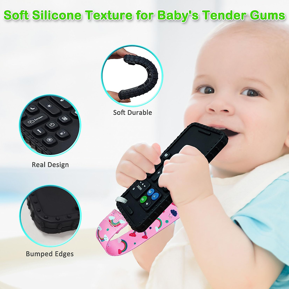 Andywoo Teething Toys for Babies 0-6 Months 6-12 Months, Baby Teething Remote Control Teether Toys, Cell Phone Teether for Babies, Chew Toy for Baby, Silicone Sensory Baby Teethers Toys - Black