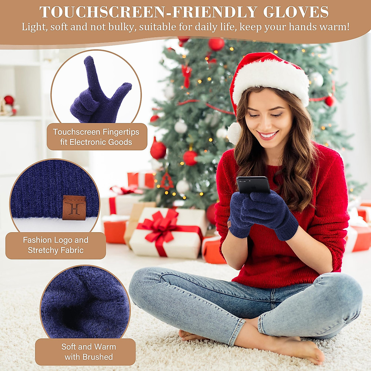 Womens Winter Warm Beanie Hat Touchscreen Gloves Long Scarf Set Ribbed Cable Knit with Fleece Lined Skull Pom Caps