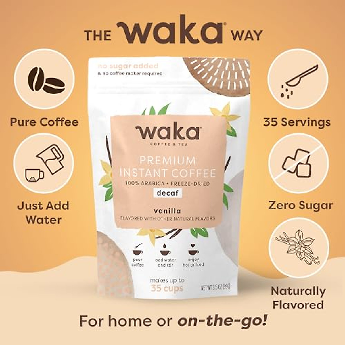 Waka Instant Coffee, Decaffeinated Vanilla Flavored - 100% Arabica Beans, Freeze Dried Granules, No Sugar or Additives - Bulk Bag for Quick Hot and Iced Coffees, Up to 35 Cups (3.5oz)