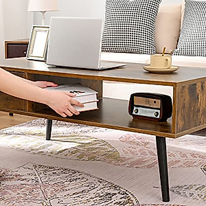 Iwell Mid Century Coffee Table with Drawer and Storage Shelf for Living Room, Wood Cocktail Table, Accent TV Table for Reception Room/Office, Easy to Assemble, Rustic Brown