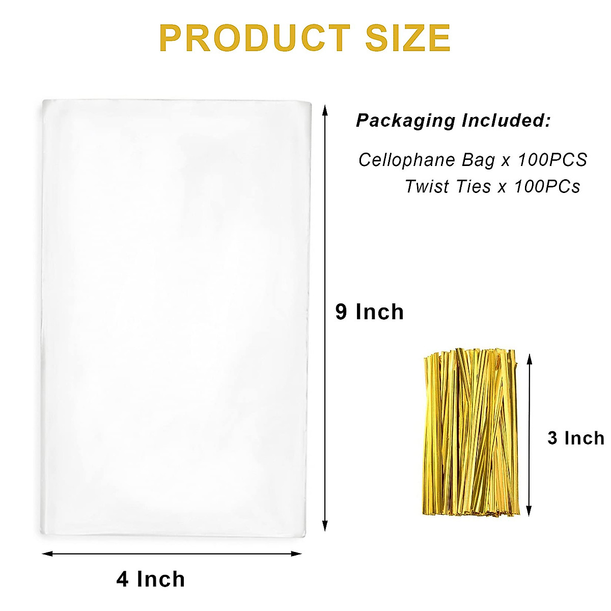 Yotelab Cellophane Treat Bags, 4x9 Inches Clear Cellophane Bags With Twist Ties,100 Pcs