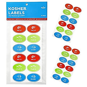 The Dreidel Company 24 Assorted Kosher Labels, 8 Blue Dairy, 8 Red Meat, 8 Green Stickers, Oven Proof up to 500°, Freezable, Microwavable, Dishwasher, English, Coded Kosher Kitchen Tools (24-Pack)