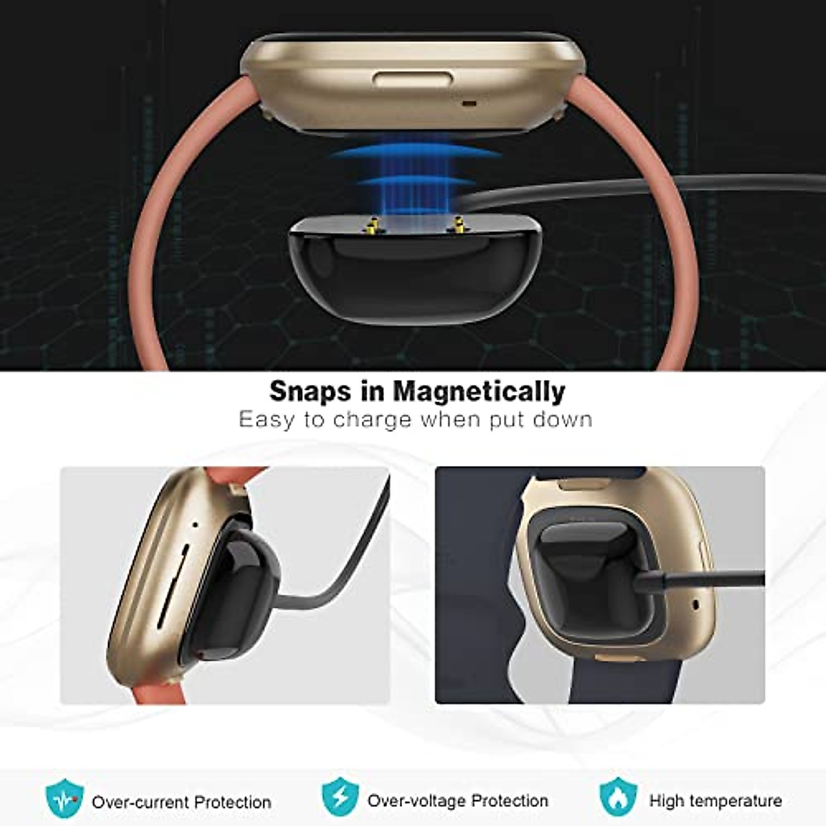 Trami 2 Pack Compatible with Fitbit Sense&Versa 3 Charger, Replacement USB Charging Cable Cord Stand for Versa 3/Versa 4/Sense/Sense 2 Watch,3.3ft+3.3ft