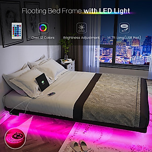 OLEVS Floating Bed Frame Queen Size with Smart LED Lights and Charging Station - Modern Metal Platform Bed, Easy Assembly No Box Spring Needed