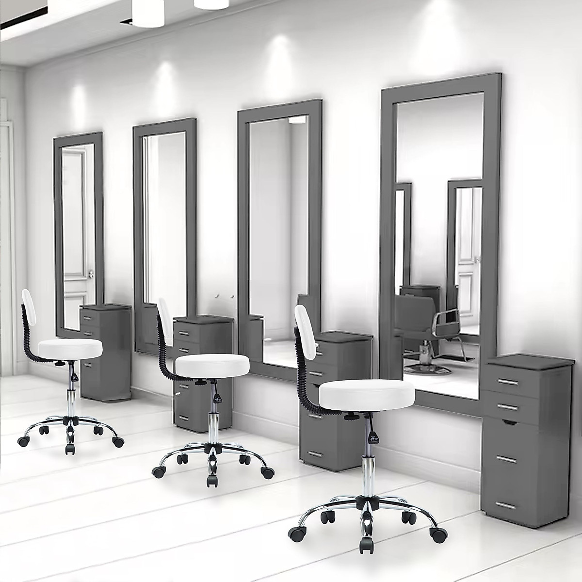 Naomi Home Mara Adjustable Stool with Wheels and Backrest, Office Rolling Stools with Wheels, PU Leather Drafting Stools,Swivel Stool with Back Rest, Small Rolling Chair, White