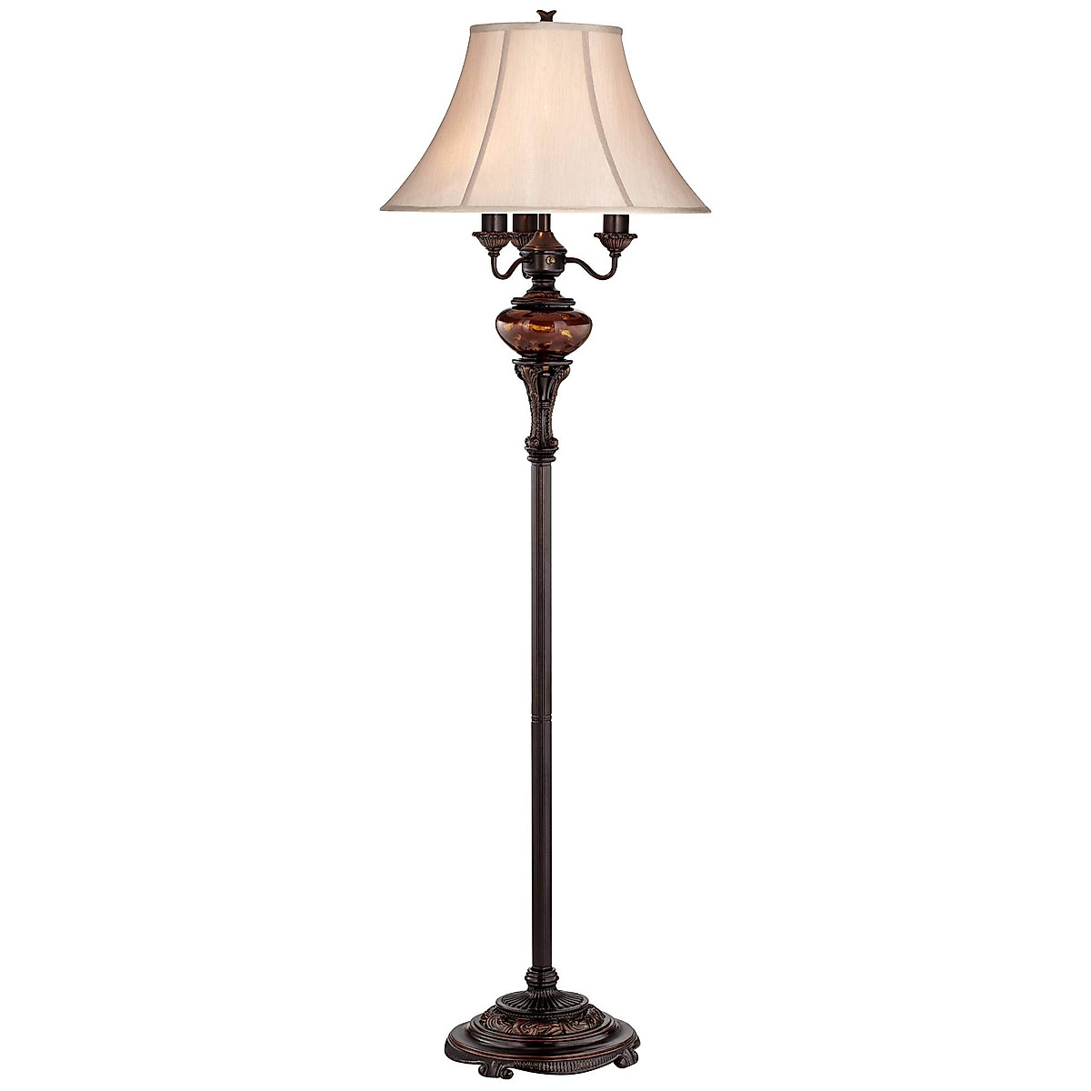 Barnes and Ivy Traditional Standing Floor Lamp Multi 4-Light 63" Tall Antique Bronze Copper Gold Tortoise Glass Font Fabric Bell Shade Candelabra Decor for Living Room Reading House Bedroom