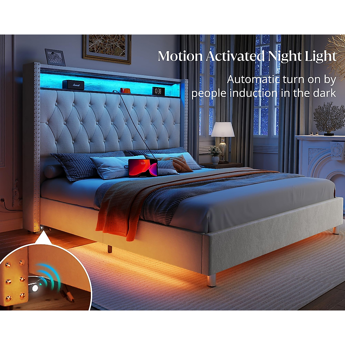 Jocisland Queen Size Bed Frame 53.6'' Tall Headboard LED Lights Charging Station, Velvet Hign Upholstered Platform Bed Wingback Storage, No Box Spring Needed, Motion Activated Light, Light Gray