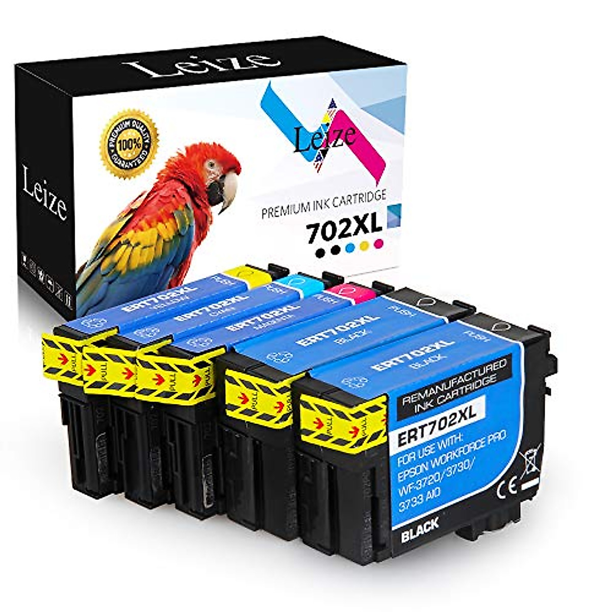Leize Remanufactured Ink Cartridge Replacement for Epson 702XL 702 XL T702XL use for Workforce Pro WF-3720 WF-3730 WF-3733 (2 Black 1 Cyan 1 Magenta 1 Yellow,5-Pack)
