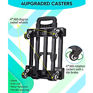 Lougnee Folding Hand Truck, 4 Wheels Fold Up Hand Cart with 2 Elastic Ropes, Portable Foldable 220 lbs Capacity Heavy Duty Luggage Cart, Utility Dolly Platform Cart for Car House Office Moving, Black