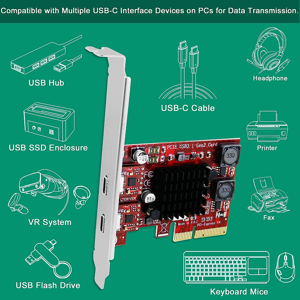 PCI Express to 2X USB 3.1 GEN2 Type C 10Gbps Ports Card for Windows 7, 8.1, 10, 11 (32/64) and MAC OS 10.9,10.10,10.12,10.13,10.14,10.15 PCs, Built in Smart Power Control Technology (PCE-U312C)