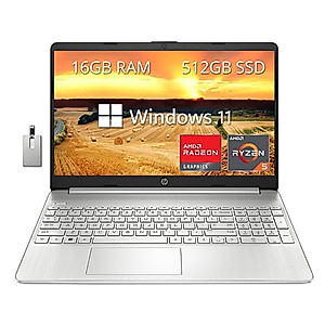 HP 2022 15.6" FHD Laptop, AMD Ryzen 5-5500U Processor, 16GB RAM, 512GB PCIe SSD, AMD Radeon Graphics, HD Webcam, Wi-fi, Bluetooth, Win 11, Silver, 32GB SnowBell USB Card
