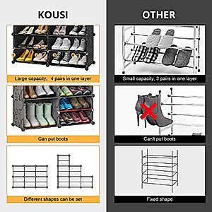 KOUSI Portable Shoe Rack Organizer 48 Pair Tower Shelf Shoe Storage Cabinet Stand Expandable for Heels, Boots, Slippers， 8 Tier Black