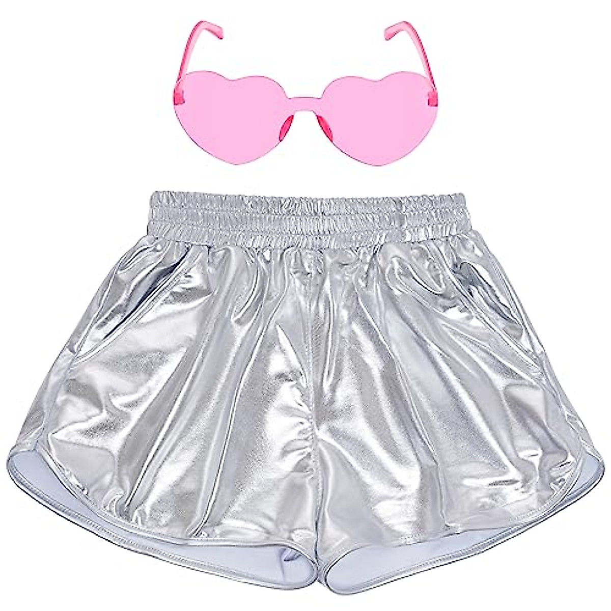 Bskifnn Metallic Shorts for Girls Sparkly Hot Dance Pants with Heart Shape Sunglasses (as1, Age, 6_Years, 7_Years, Sliver)