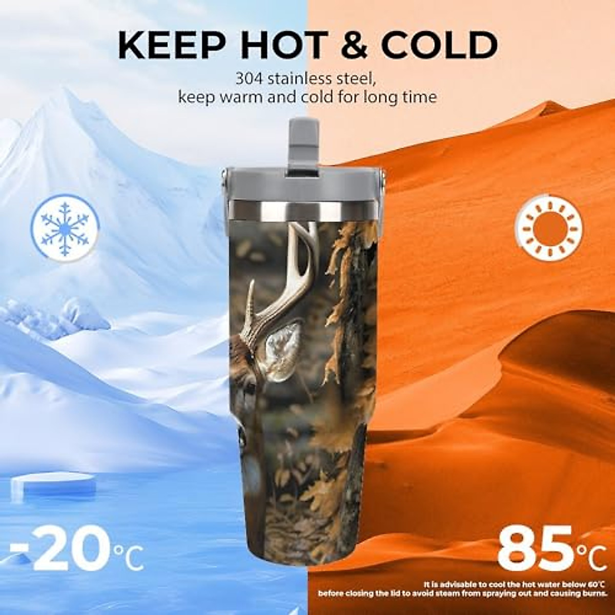 YTLKGFP 30 Oz Large Capacity Car Cup Camouflage Deer Tumbler with Handle Straw Lid Insulated Stainless Steel Water Bottle Travel Mug Leak-proof Car Cup Keeps Cold Or Hot