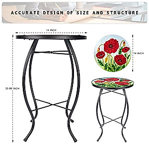 MUMTOP Outdoor Side Table - Small Mosaic Patio Table, Poppy 14” Accent Round Side Table Glass Plant Stand for Garden Patio Living Room