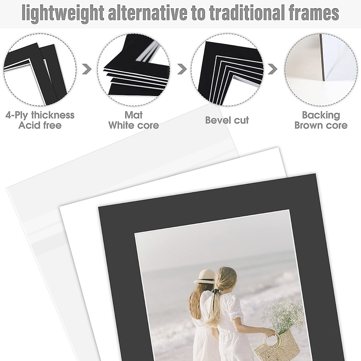 Golden State Art, Pack of 25 Black Pre-Cut 5x7 Picture Mat for 4x6 Photo with White Core Bevel Cut Mattes Sets. Includes 25 High Premier Acid Free Matts & 25 Backing Backers Board & 25 Clear Bags