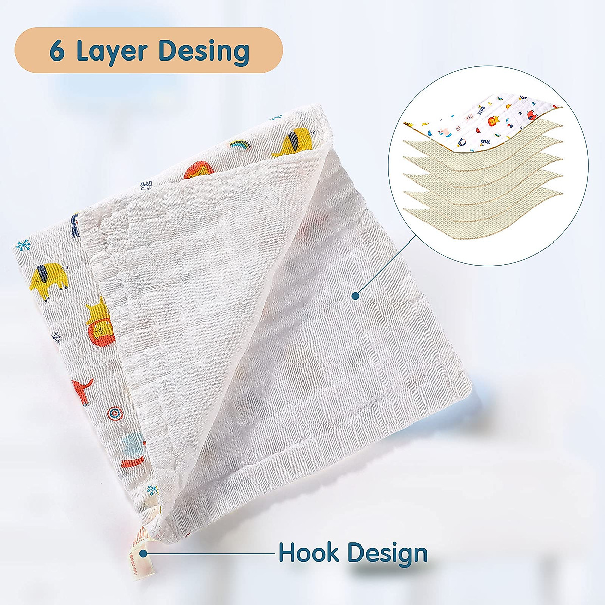 10 Pieces Baby Burp Cloth 10 x 20 inches 6 Layer Soft Absorbent Muslin Newborn Towel for Baby Shower Machine Washable, for Sensitive Skin Baby (Animal Pattern)