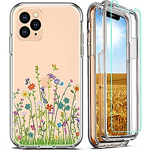 FIRMGE for iPhone 11 Pro Max Case, with 2 x Tempered Glass Screen Protector 360 Full-Body Coverage Hard PC TPU Silicone 3 in 1 Military Grade Shockproof Floral Phone Protective Cover- Clear Flower 01