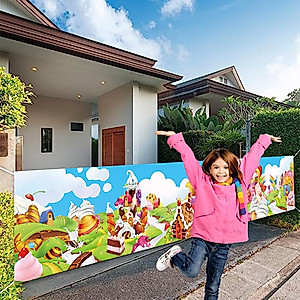 DOTOOMA 118 x 20 In Candyland Sweet Cartoon Rainbow Cupcake Ice Cream Castle Theme Yard Banner Sign Decorations Baby Shower Girls Birthday Party Cake Table Polyester Supplies