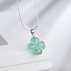 iSTONE Green Jade Lucky Four Leaf Clover Heart Pendant 925 Sterling Silver Necklace 18 Inches Fine Jewelry for Women St. Patrick's Day
