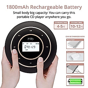 Portable CD Player with Bluetooth 5.0 & Rechargeable Battery, Aux Output, FM Transmitter for Car USe, LCD Backlight Display and Touch Button Technology, 12hr Playtime by Hevet & Bugg