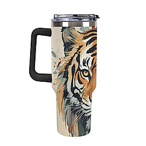 MNVTSKOP 40 Oz Tumbler With Handle And Straw Black Year of The Tiger Tiger Face Printed Stainless Steel Car Cup Coffee Mug Leak Proof Insulated Water Bottle for Travel Camping Gym