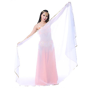SHOWYOU 98.43" x 47.24" Lightweight Semicircle Chiffon Veil Belly Dance Scarf Blue Veil Scarf Shawls Trimed Gold Sequence (WHITE)