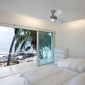 WAC Smart Fans Orb Indoor and Outdoor 3-Blade Flush Mount Ceiling Fan 44in Matte White with 3000K LED Light Kit and Remote Control works with Alexa and iOS or Android App