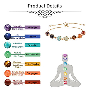 ASGIFT 7 Chakra Bracelet Adjustable 14K Gold Wire Wrapped 8mm Gemstone Beads Yoga Medititaion Bracelet Natural Crystal Stones Stretch Cuff Bracelets Jewelry for Women Girlfriend
