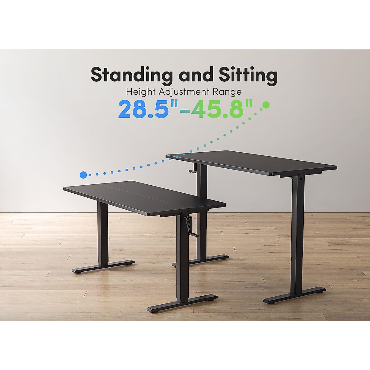FEZIBO Crank Height Adjustable Desk, 48 Inches Manual Standing Desk, Writing Table with Handle, Home Office Desk with Black Frame/Black Table Top