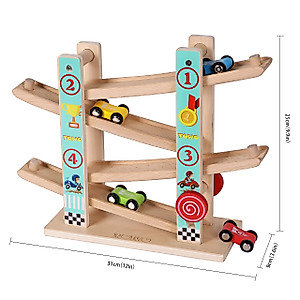 TOWO Pure Wooden Car Ramp - Zig Zag Car Slide Run with 4 Wooden Cars Playsets-Click Clack Track Wooden Car Toys for Toddlers -Racing Car Toys for Kids Boys Girls 2 3 4