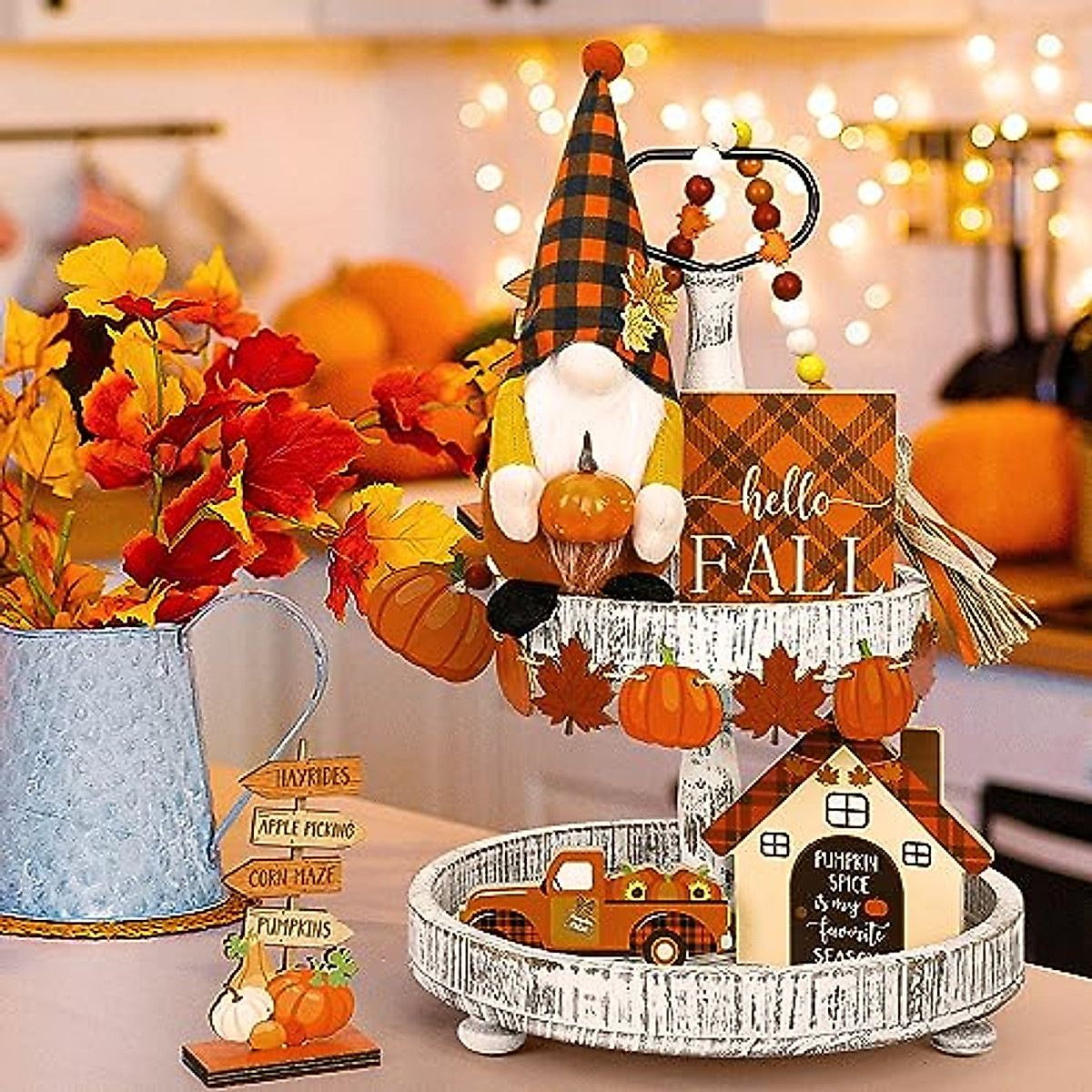 12 PCS Fall Decorations for Home, Fall Tiered Tray Decor, Rustic Farmhouse Autumn Wooden Signs Plush Gnome Bead Garland Pumpkins Maple Leaves Banner Hello Fall Ornament for Harvest Table Centerpieces