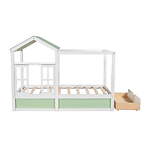 Twin House Bed with Storage Drawer for Kids Wood Cabin Tent Bed Frame for Girls Boys Montessori Beds with Roof and Window Twin Size, Green