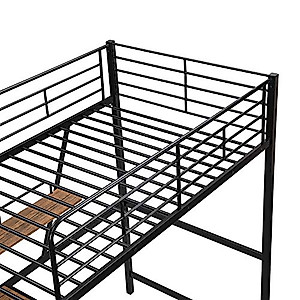 MOEO Twin Size Metal Loft Bed with L-Shaped Desk and Shelf, Bedfram w/Guardrail for Kids, Home, No Spring Box Required, Black